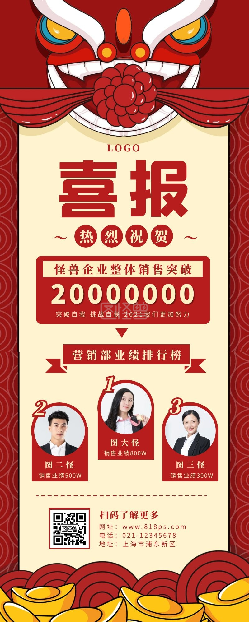喜报长图-销售喜报长图3人红色舞狮元宝在线图片制作-图怪兽